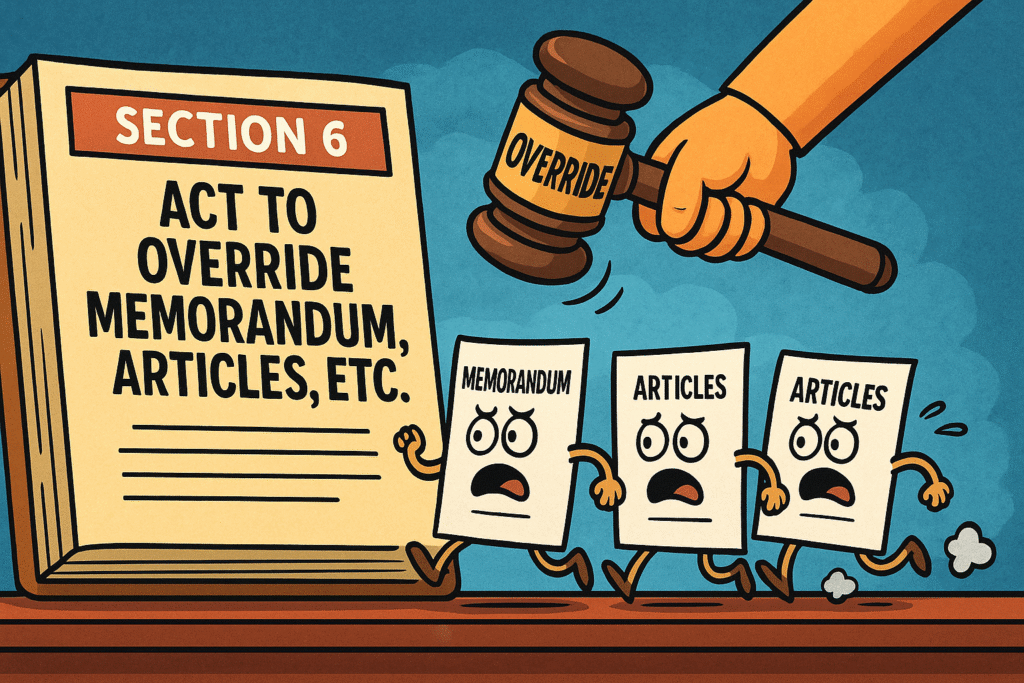 Section 6 – Act to Override Memorandum, Articles, etc.: When the Law ...